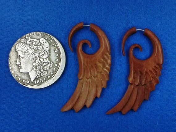 Angel Wings Fake Gauges Earrings Wood Faux Gauges Split | Etsy