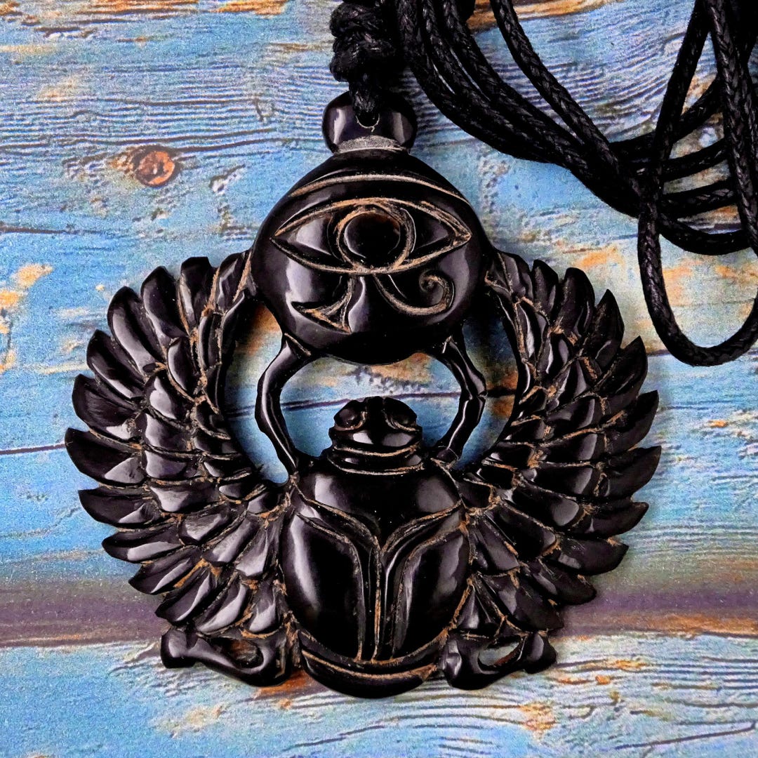 Egyptian Scarab With Eye of Horus Pendant Necklace Black Horn Handmade ...