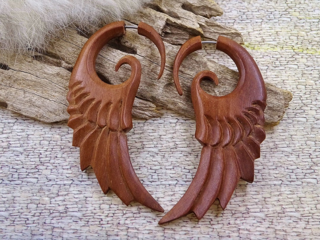 Angel Wings Fake Gauges Earrings Wood Faux Gauges Split - Etsy