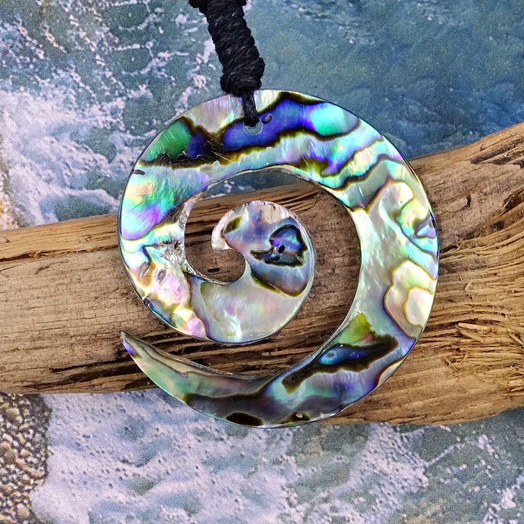 NZ Paua Shell Koru Pendant Necklace Hand Carved Colorful Beach Jewelry ...