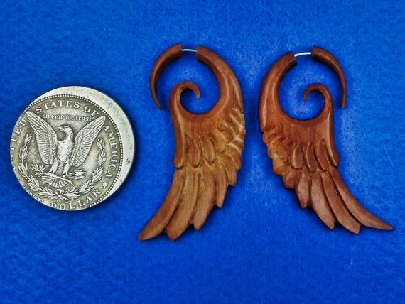 Angel Wings Fake Gauges Earrings Wood Faux Gauges Split - Etsy