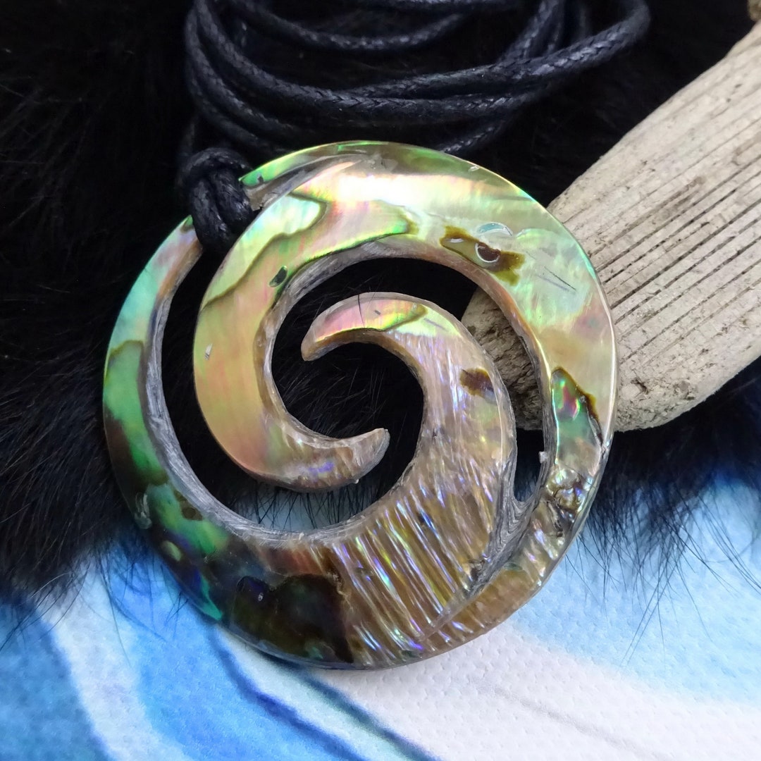 NZ Paua Shell Koru Pendant Necklace Hand Carved Shell Beach Jewelry ...