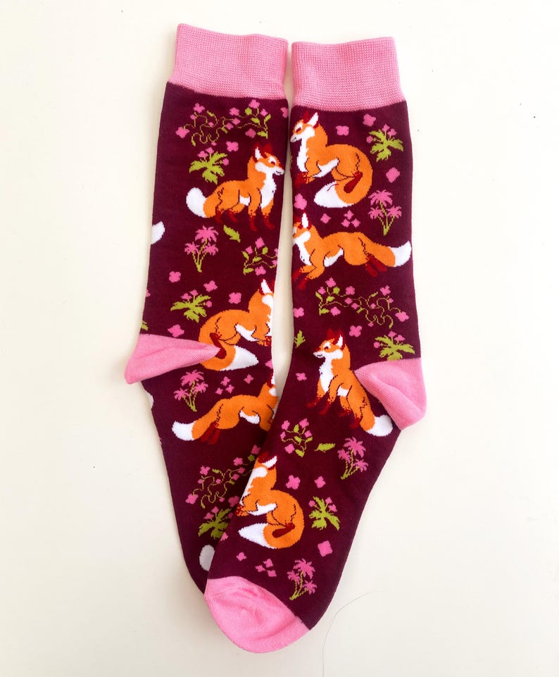 Red Fox Floral Patterned Socks Pink Maroon UK Store Nature Animal Art ...