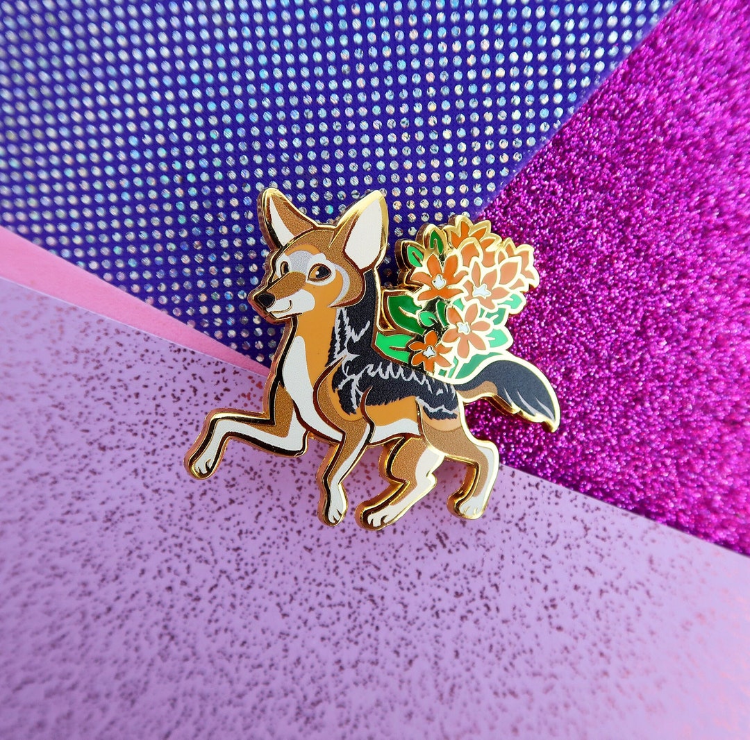 Jackal Wild Dog Animals Enamel Pin Orange Flowers Screen Printed Wolf ...