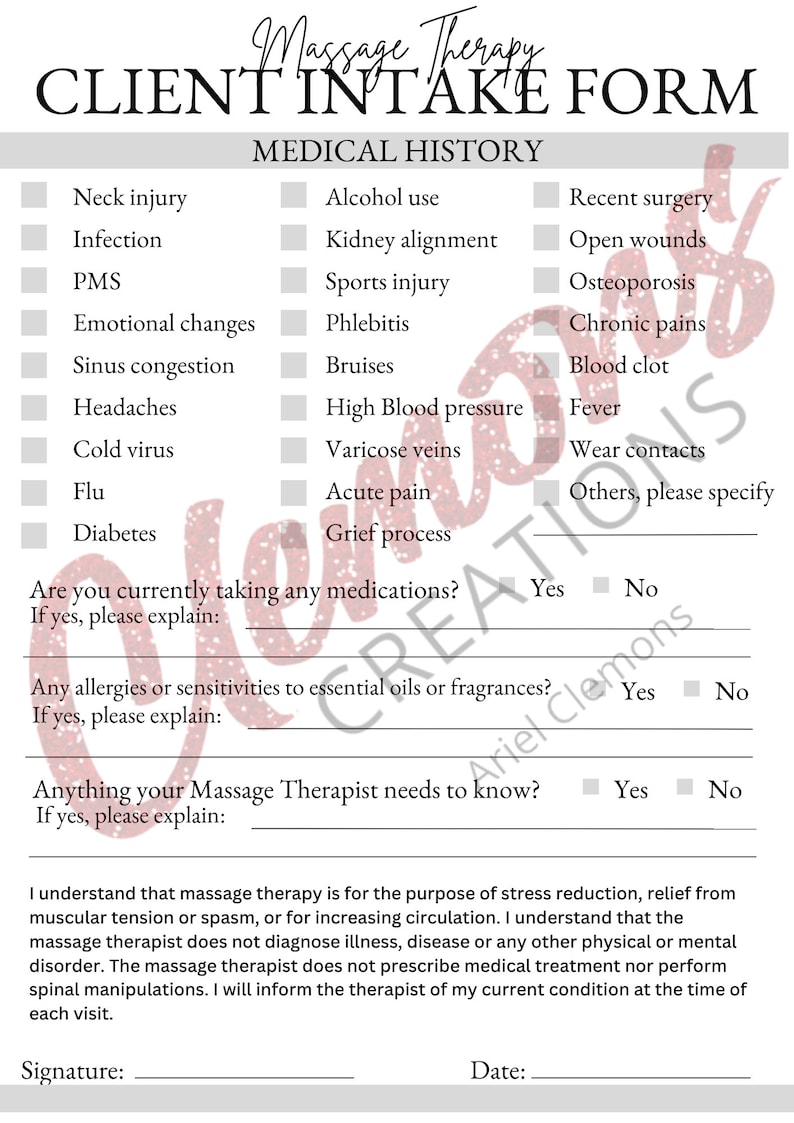 Massage Therapy Client Intake Form - Etsy