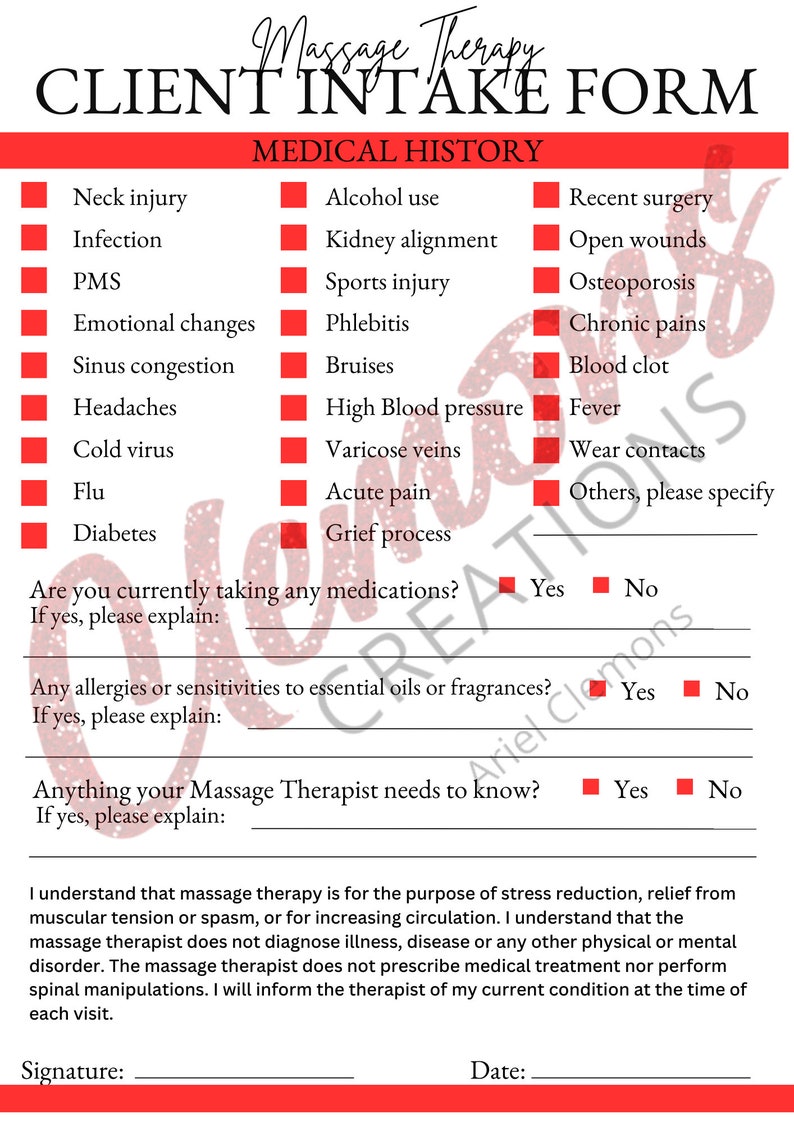Massage Therapy Client Intake Form - Etsy