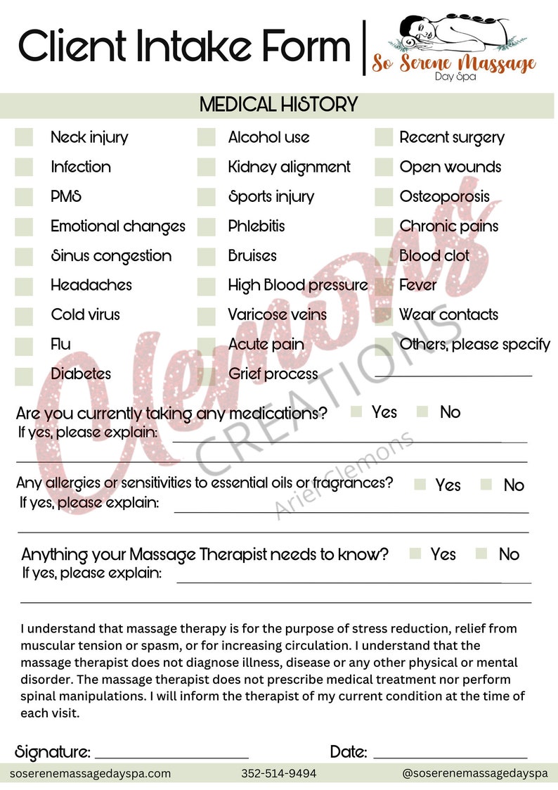 Custom Massage Therapy Intake Form - Etsy