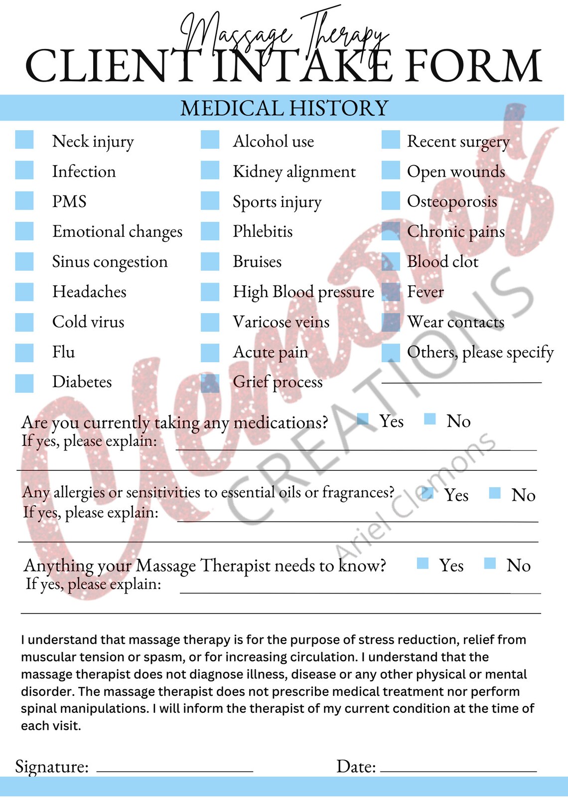 Massage Therapy Client Intake Form - Etsy