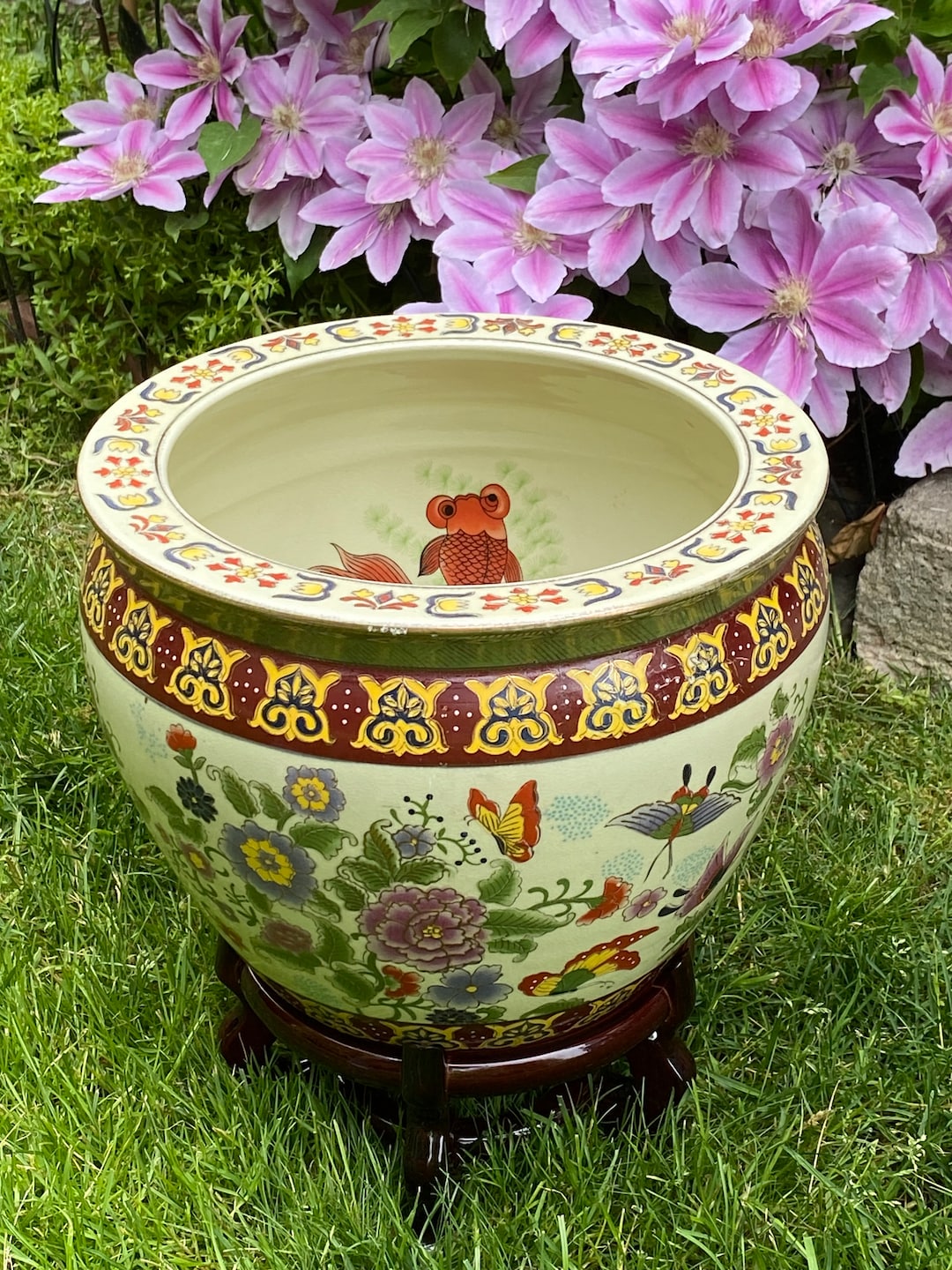 Vintage Japanese Koi Fish Planter 9.5"h 11.75"w With Wooden Stand 4.5 ...