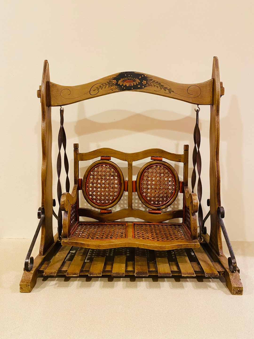 Antique French Doll Swing Bench Wood Rattan Metal Hand Painted 22"h 21 ...