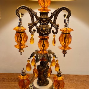 Loevsky Amber Lucite and Brass Hollywood Regency Lamp With Teardrops ...