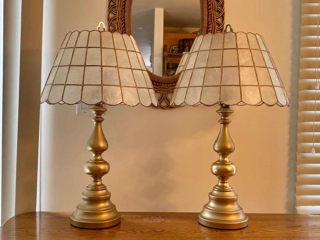 Vintage Pair of Brass Base Lamps With Capiz Shell Shades – 28.25" H - Etsy