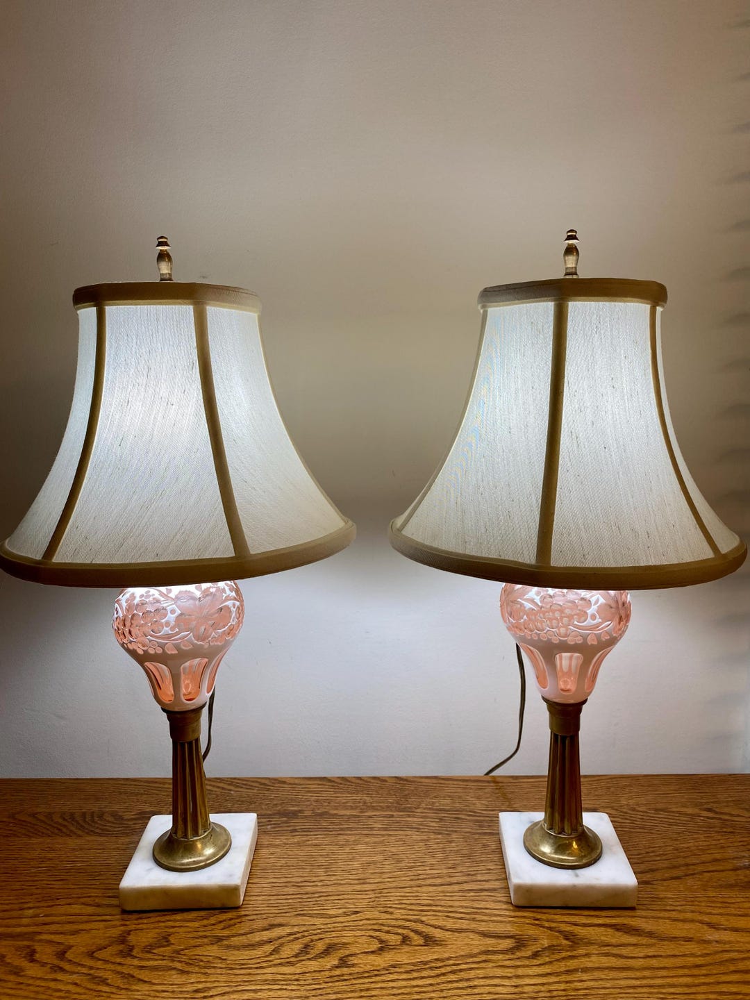 Pair of Boston Sandwich Glass Lamps - White Cut to Cranberry Overlay ...