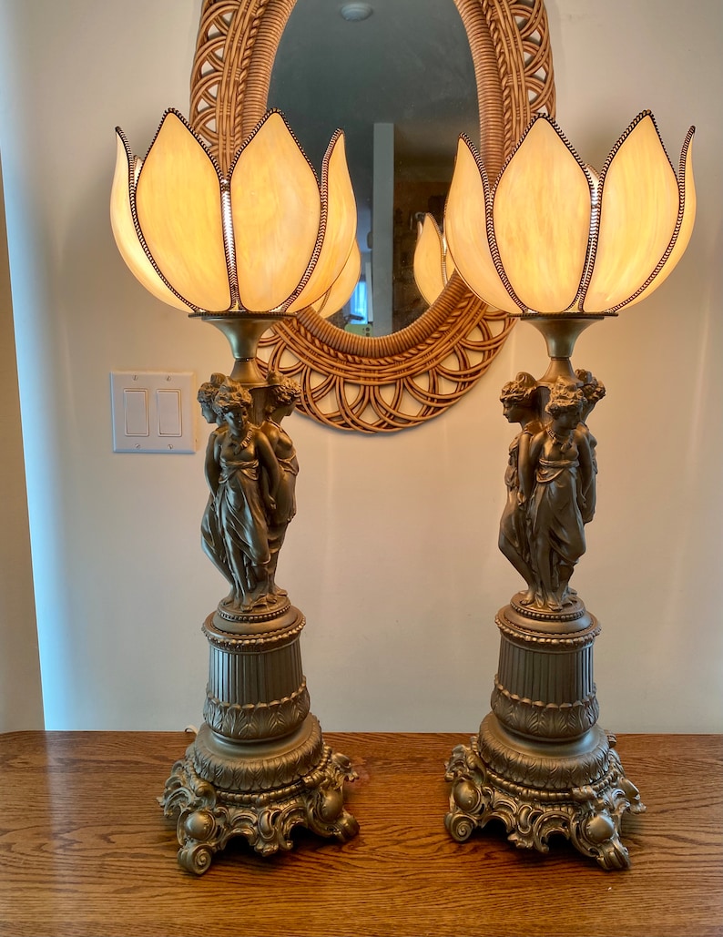PAIR of Vintage Tulip Slag Glass & Brass "three Graces" Table Lamps ...