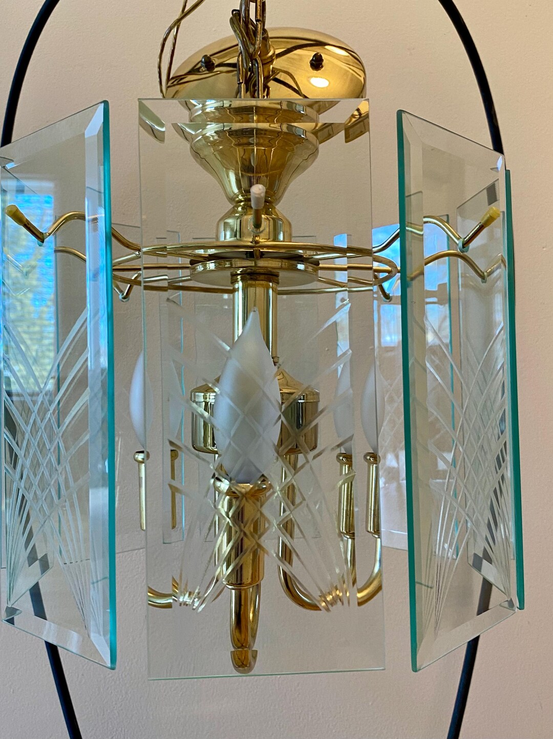 MCM Sciolari Style Brass Foyer Light Chandelier With Beveled Etched ...