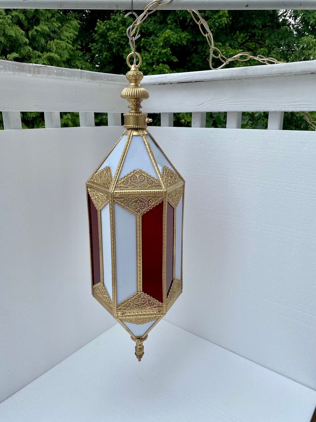 Vintage Hexagon Pendant Light Fixture Filigree Brass Multicolor Slag ...