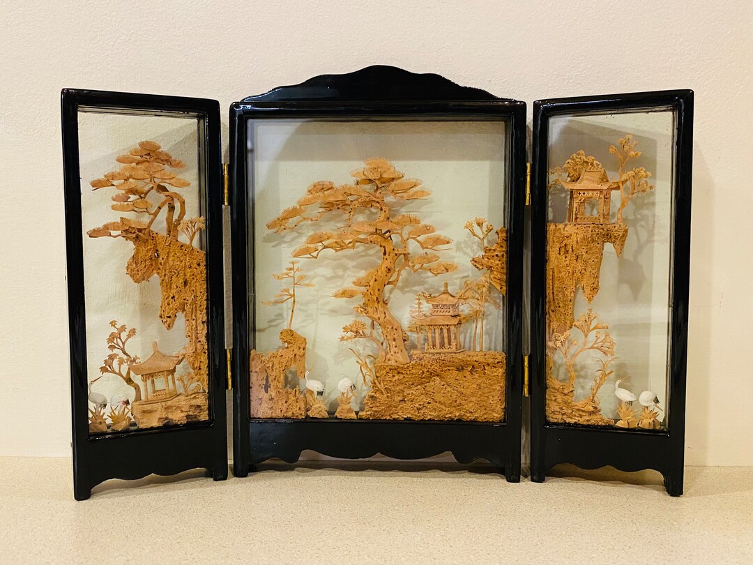 Cork Carving 3 Panel Tabletop Screen Black Lacquer San You 8" Tall 11 ...