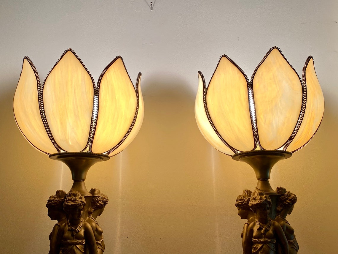 PAIR of Vintage Tulip Slag Glass & Brass "three Graces" Table Lamps ...