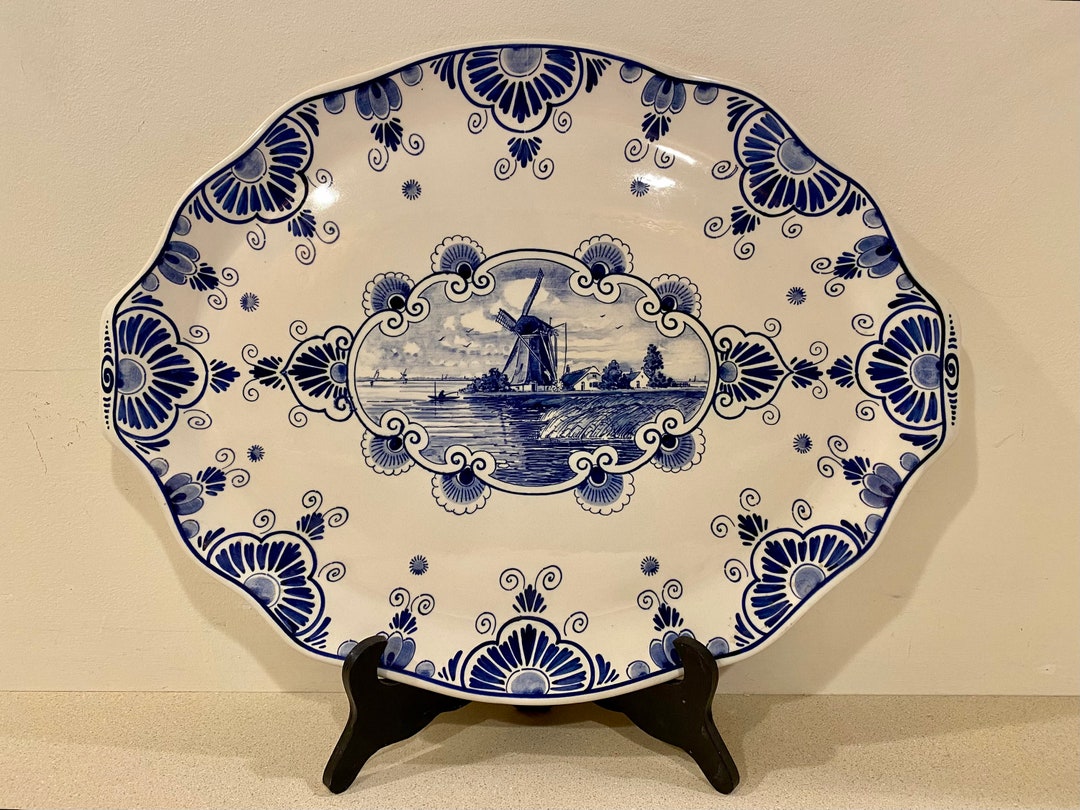Royal Delft Holland Blue Pottery Windmill Handled Platter 17" by 13 ...
