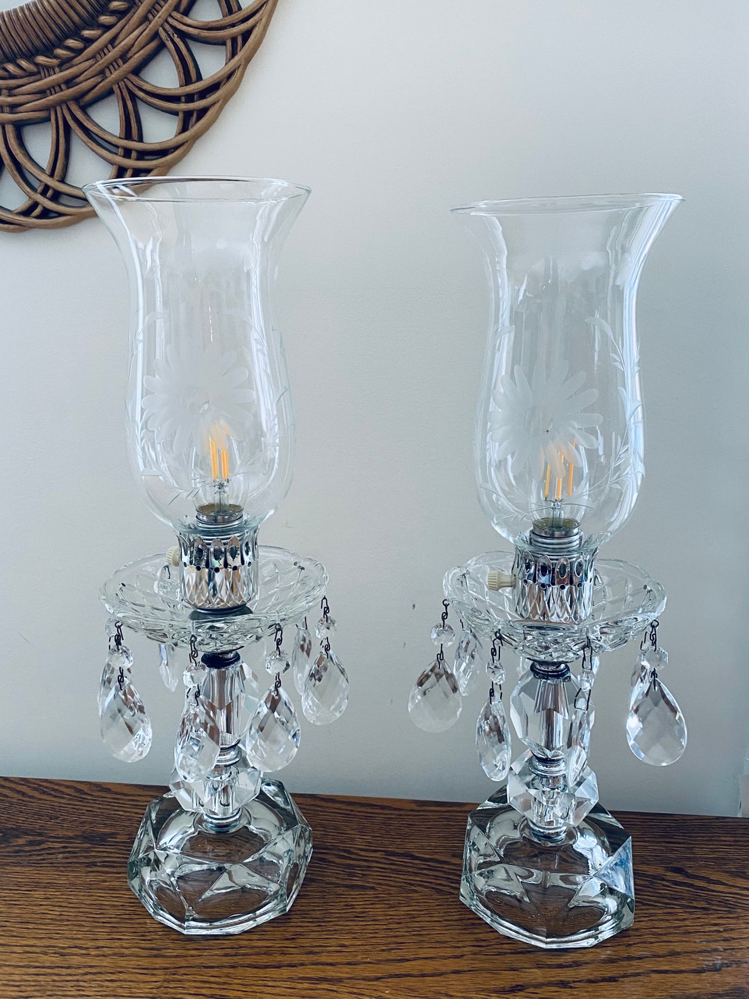 Pair of Antique Etched Clear Glass Boudoir Hurricane Lamps 16.75"h ...