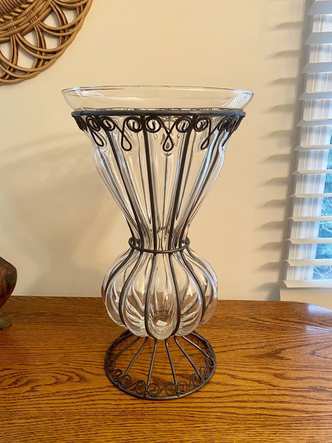Crate & Barrel Petra Hand Blown Caged Glass Large Footed Vase Wrought ...