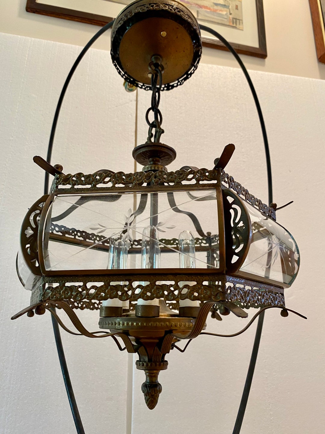 Mid Century 6 Bulb Brass Chandelier Foyer Light Fixture With Curved ...