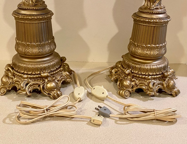 PAIR of Vintage Tulip Slag Glass & Brass "three Graces" Table Lamps ...
