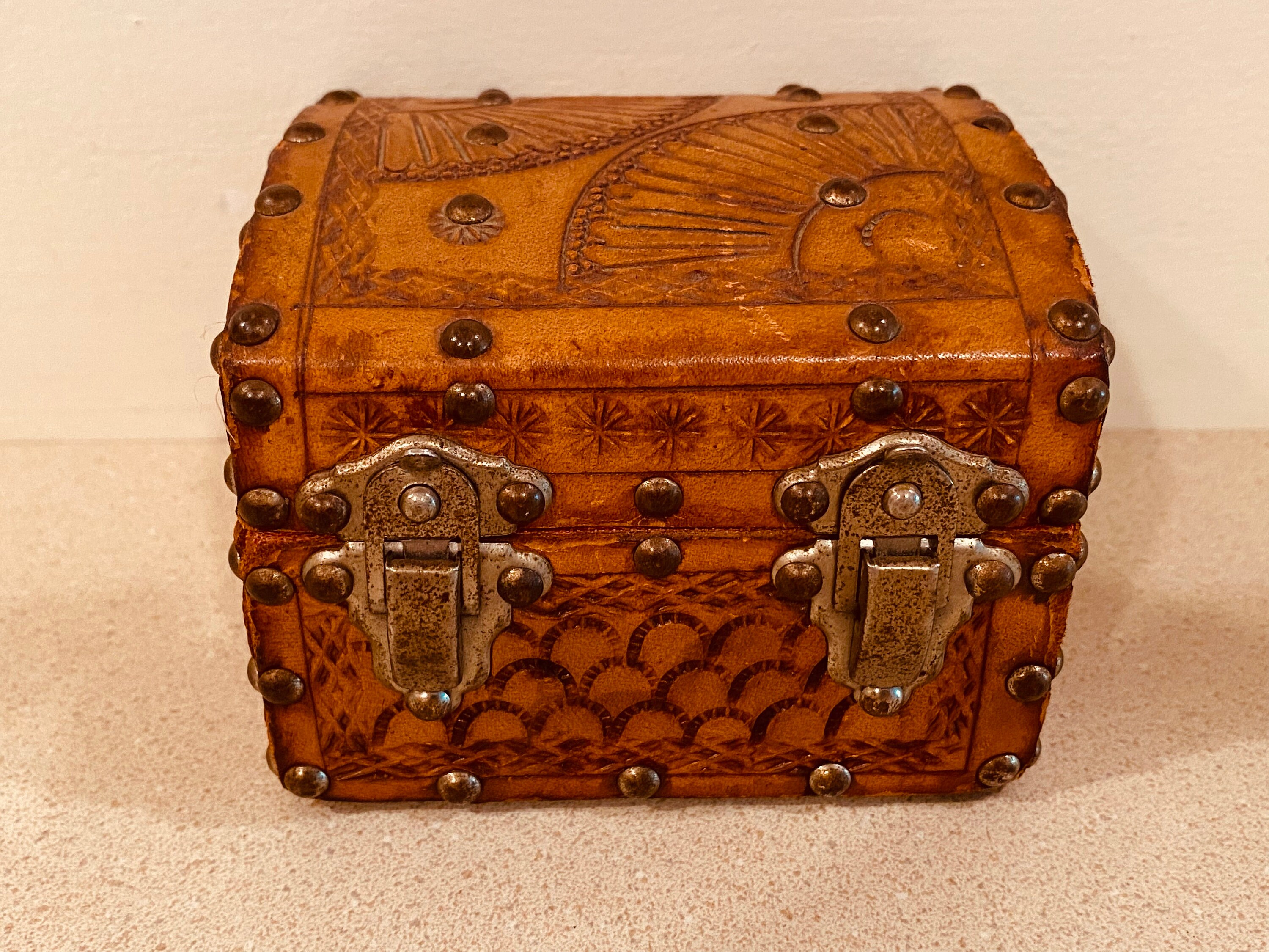 Antique Tooled Leather Studded Jewelry or Treasure Box 3.75"l 3.5"w 2 7 ...