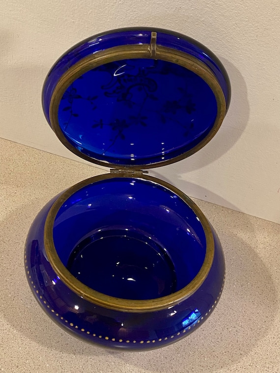 Jewelry Box Antique Cobalt Blue Glass Enameled Gilded… - Gem