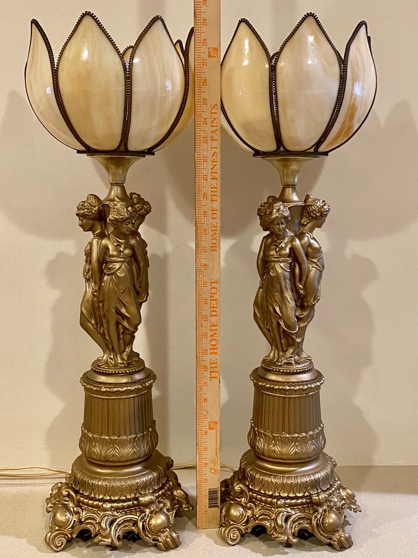 PAIR of Vintage Tulip Slag Glass & Brass "three Graces" Table Lamps ...