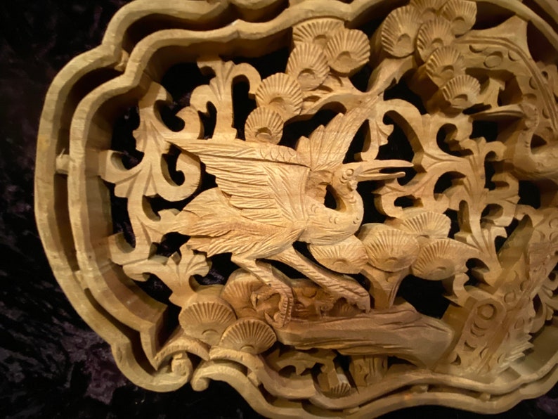 Vintage Chinese Oval Wood Carving Cranes Wall Hanging - Etsy
