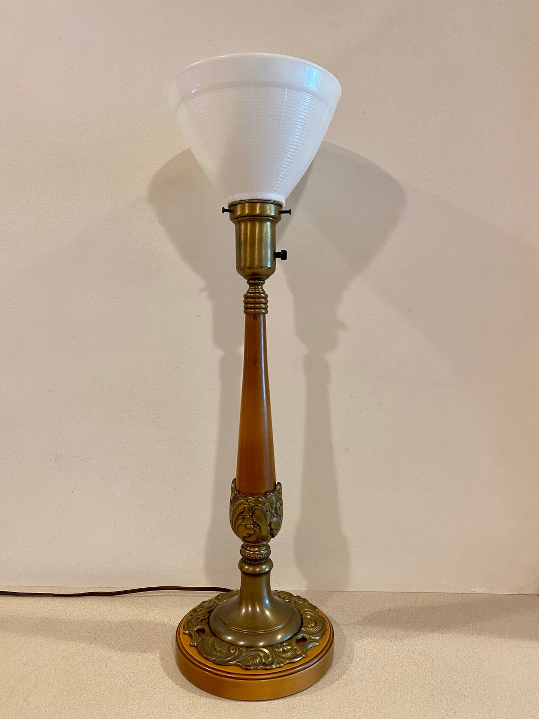 Vintage Torchiere Cherry Wood and Brass Table Lamp Milk Glass Shade 26. ...