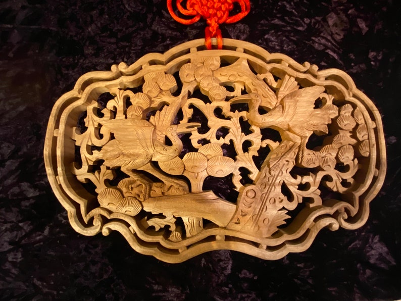 Vintage Chinese Oval Wood Carving Cranes Wall Hanging - Etsy