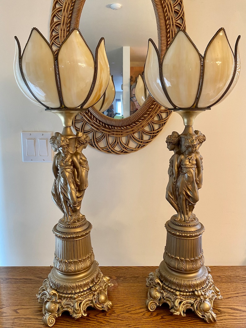 PAIR of Vintage Tulip Slag Glass & Brass "three Graces" Table Lamps ...