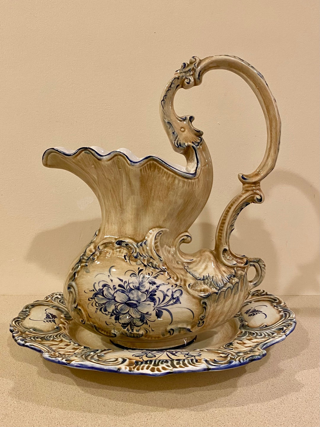 Antique Italian Hand Crafted and Hand Painted Water Pitcher With Tray ...