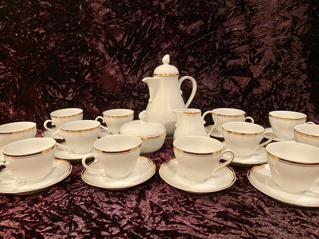 Kahla German Democratic Republic Vintage White Gold Trim Porcelain 27 Pc. Demitasse Set for 12 ...