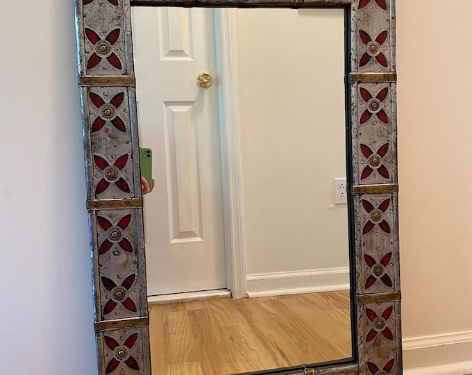 Mexican Tin Mirror With Embossed Scalloped Edges Flower Motif Vintage ...