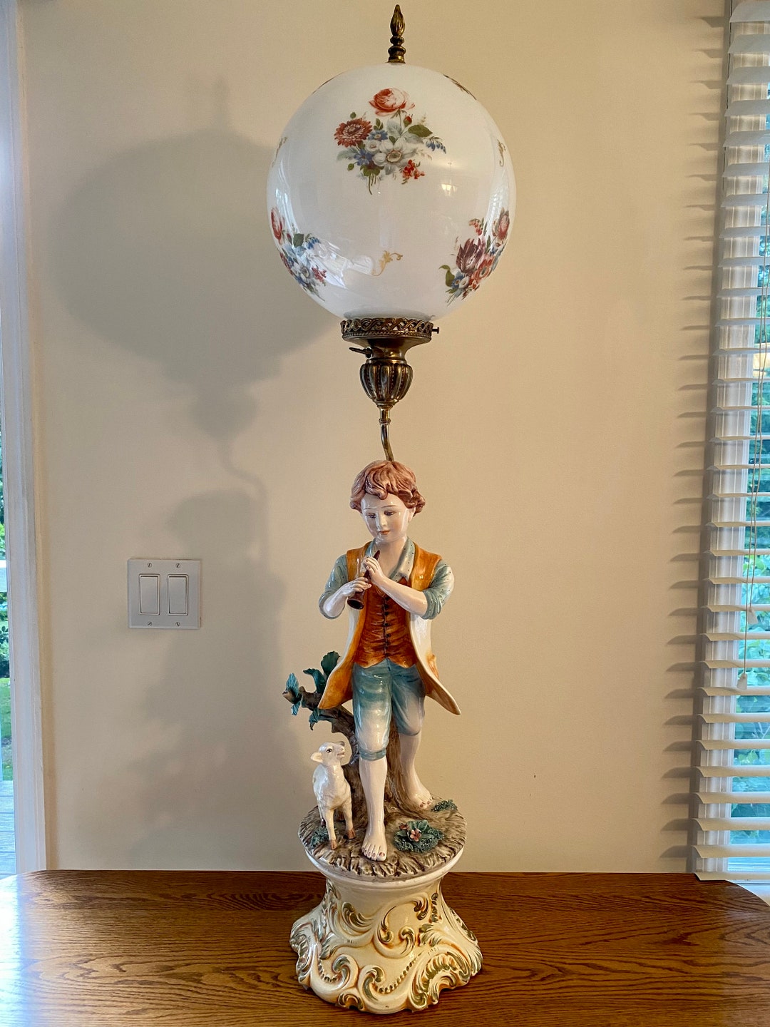 Vintage Capodimonte Large Porcelain Globe Lamp Boy Figurine With Lamb ...