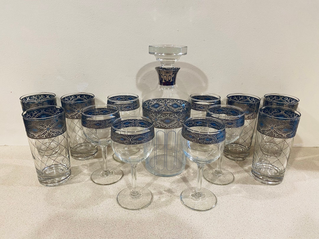 Morphew Abode 1960s Culver Decanter Silver and Blue With 6 Goblets and ...
