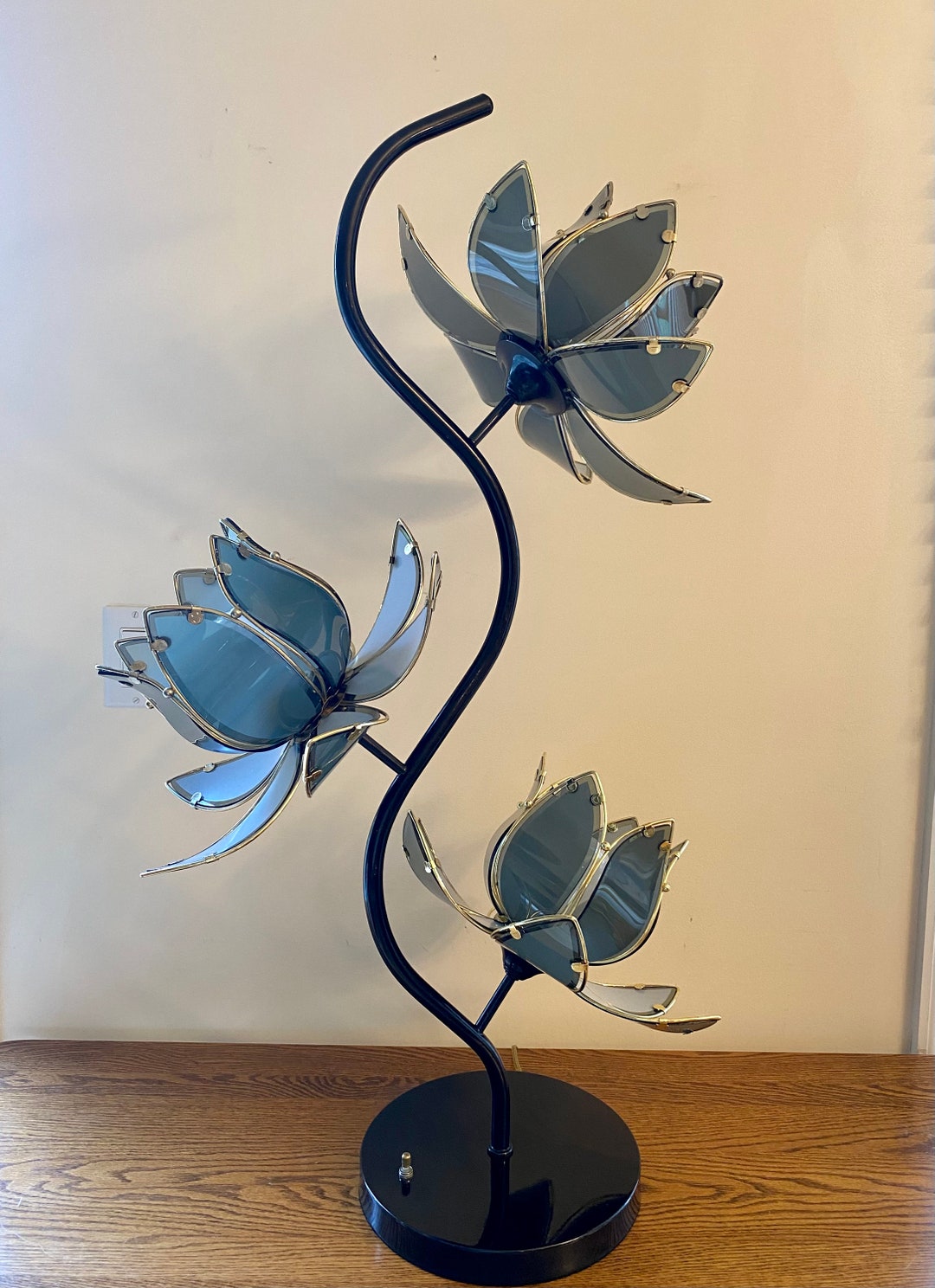 Vintage Hollywood Regency Smoked Glass Lotus Floral Table Lamp by ...