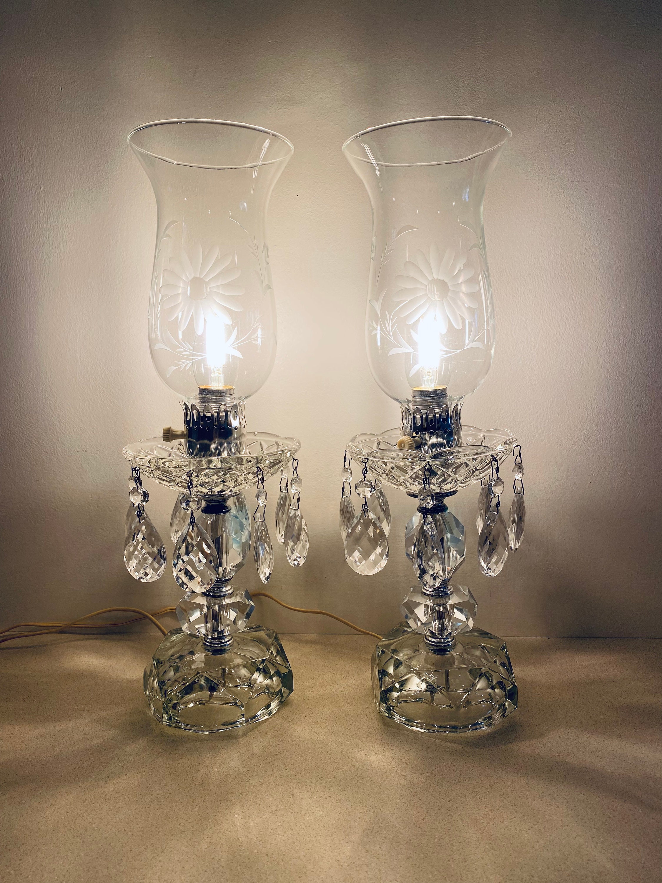 Pair of Antique Etched Clear Glass Boudoir Hurricane Lamps 16.75"h ...