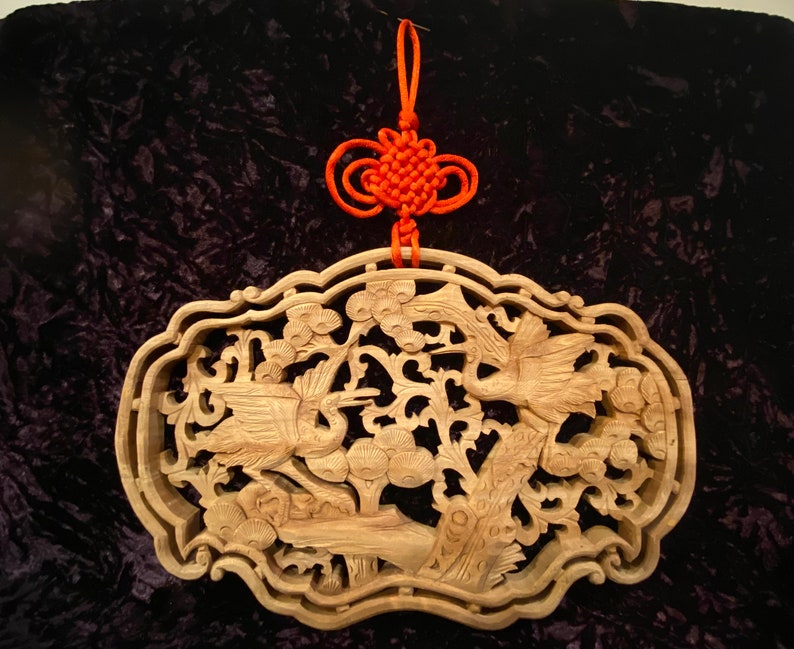 Vintage Chinese Oval Wood Carving Cranes Wall Hanging - Etsy