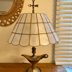 Vintage Brass/marble Aladdin Base With Capiz Shell Shade Table Lamp 25. ...