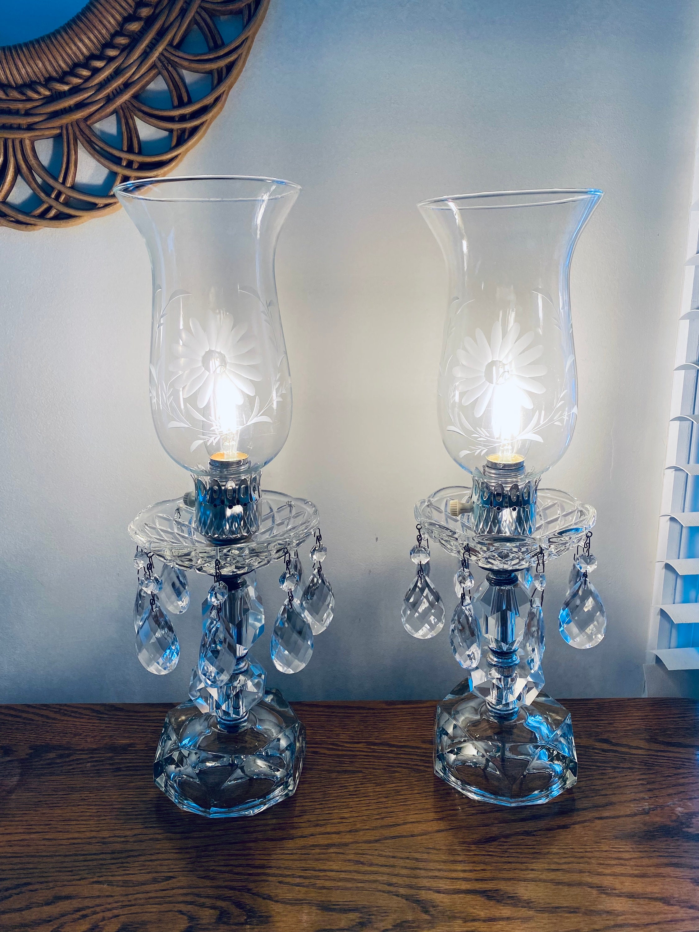 Pair of Antique Etched Clear Glass Boudoir Hurricane Lamps 16.75"h ...