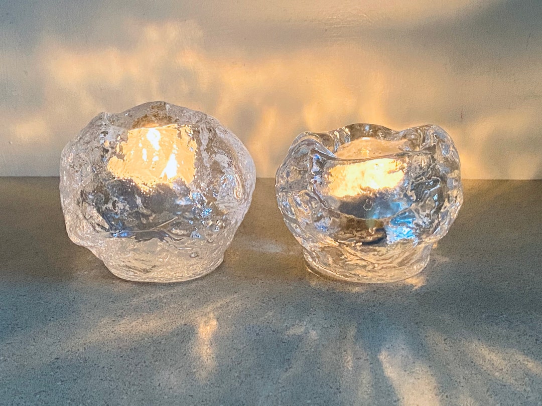 Pair of Kosta Boda Heavy Crystal Snowball Votive Candle Holders 3"h 3. ...