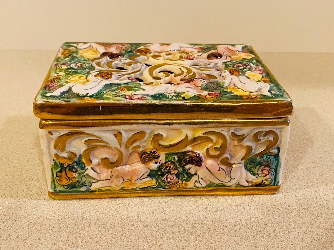 Antique Capodimonte Porcelain Trinket Box: Hand-painted Cherubs, Gilded ...