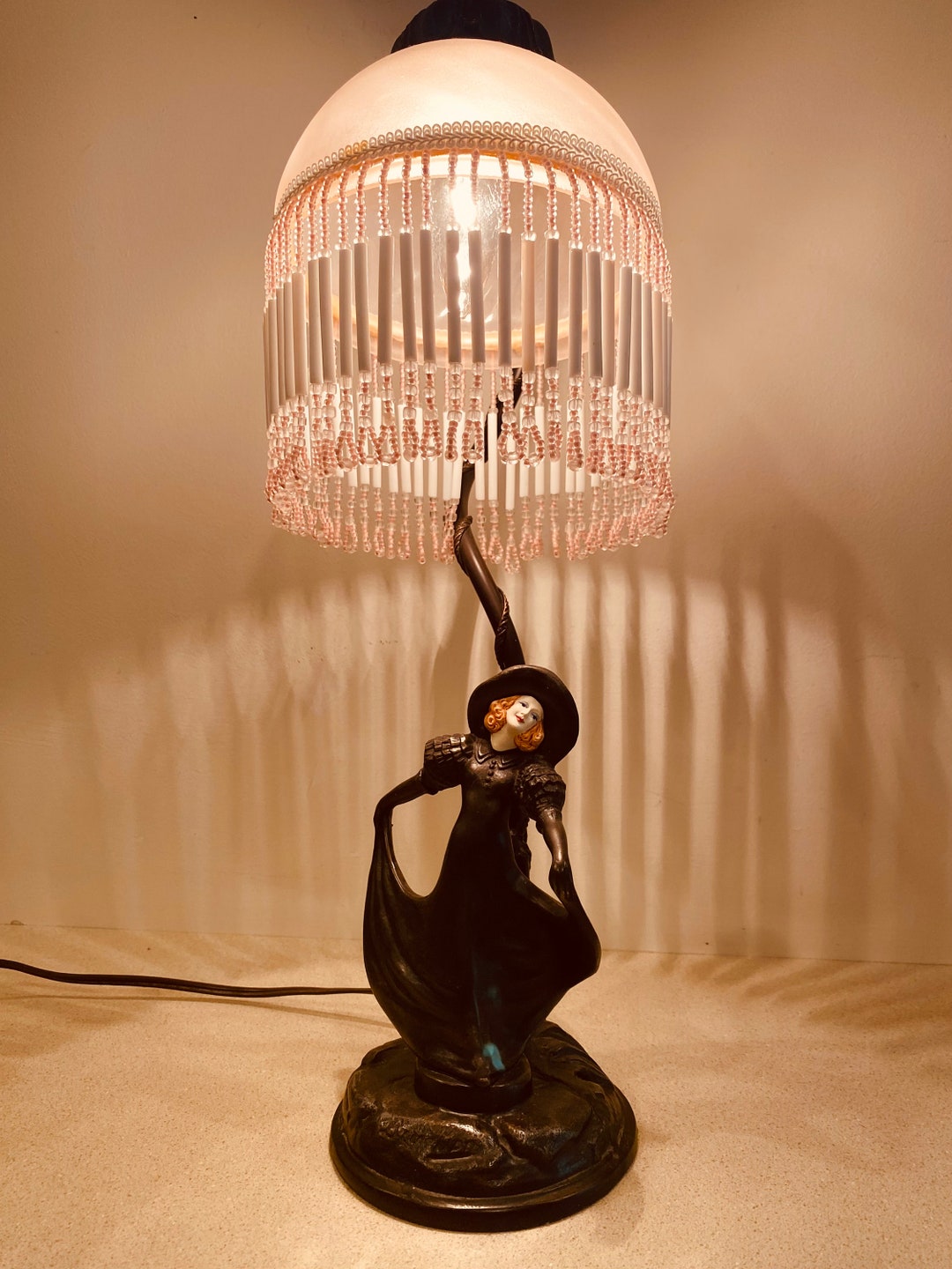 Antique Metal Lamp With Lady Figurine and Original Shade 21.5" Signed ...