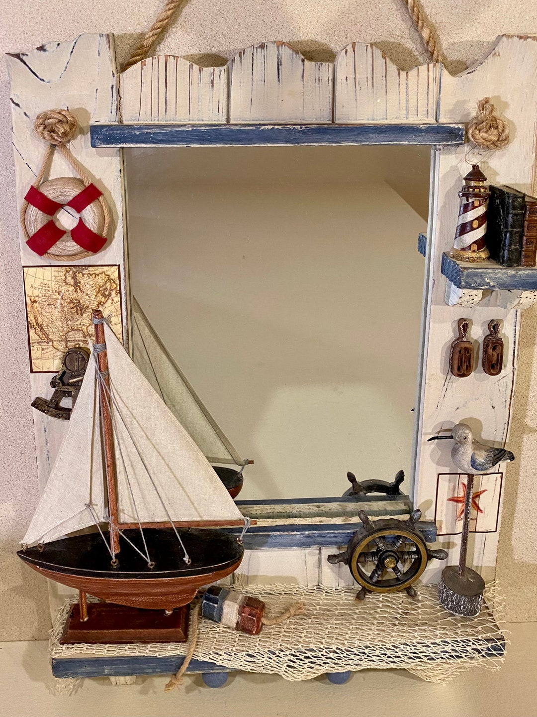 Nautical Mirror Key Holder Boat Beach Seashore 19"h 14"w 3"d 24" With ...