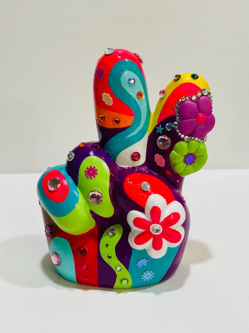 Hand Painted Colorful Peace Hand Sculpture With Jewels - Etsy