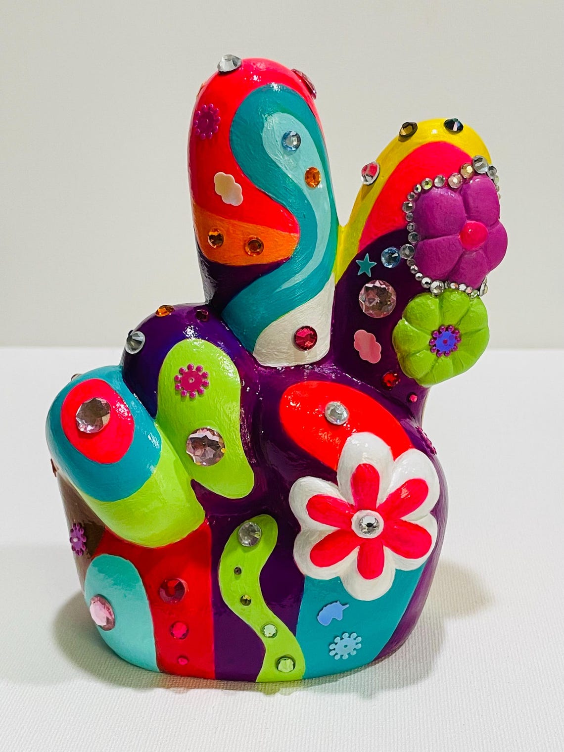 Hand Painted Colorful Peace Hand Sculpture With Jewels - Etsy